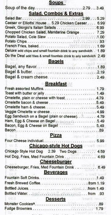 Menu at Elliott's Off Broadway Deli restaurant, Schaumburg, E Golf Rd