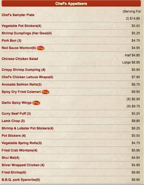 Menu at Chef's Experience China Bistro restaurant, Hayward