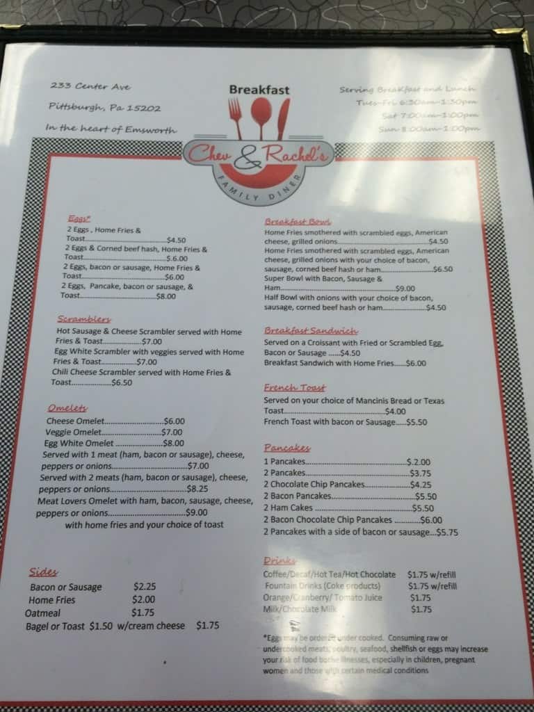 Menu at Chev & Rachel's Family Diner restaurant, Emsworth