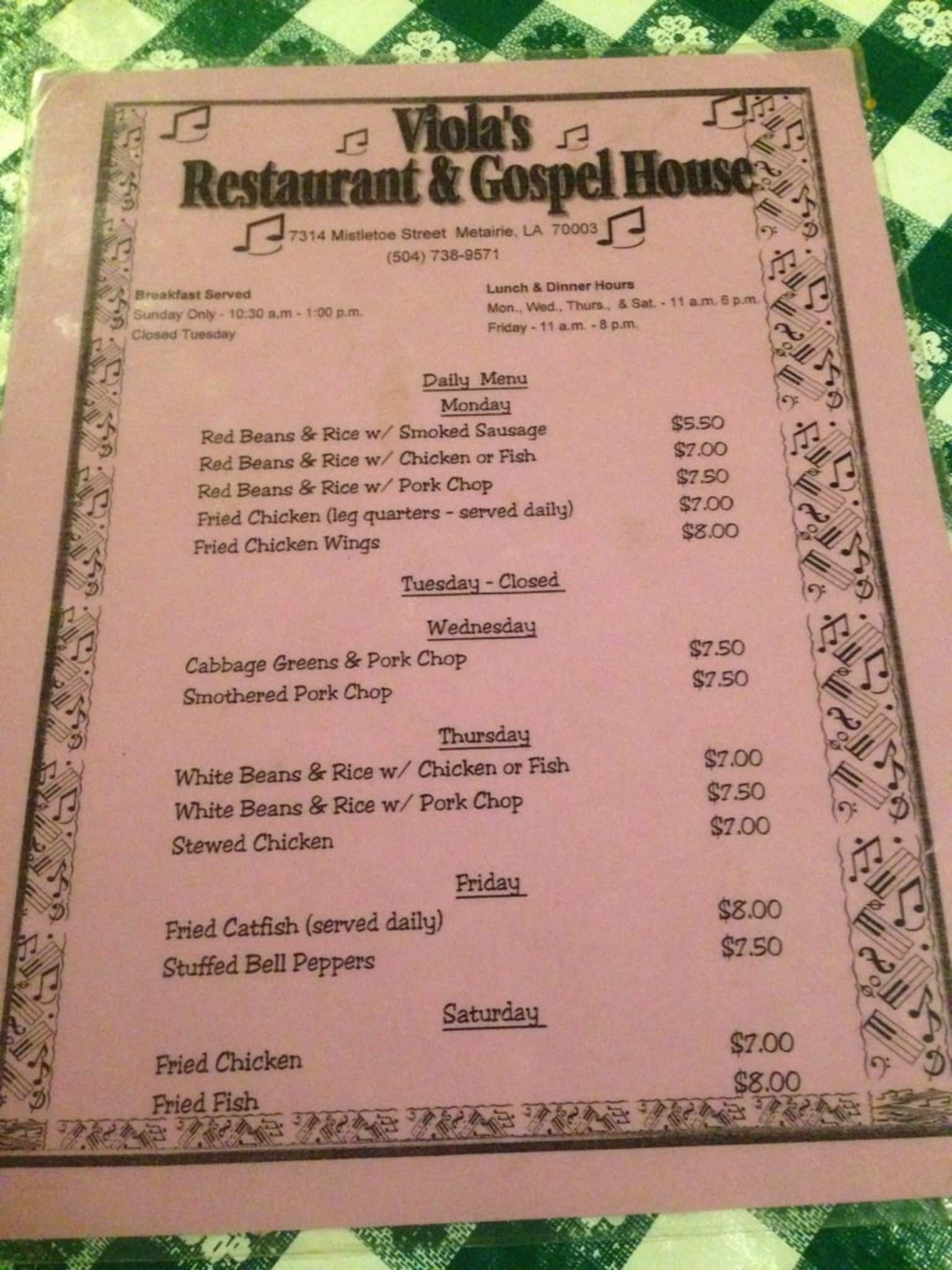 Menu at Viola's Restaurant and Gospel House, Metairie