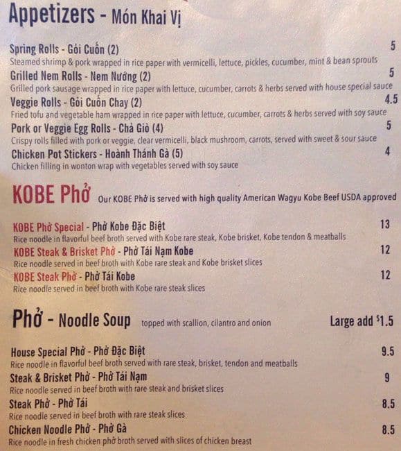 Menu at Kobe Pho & Grill restaurant, Cupertino