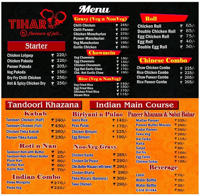 Menu of Tihar Flavours Of Jail, Badharghat, Agartala
