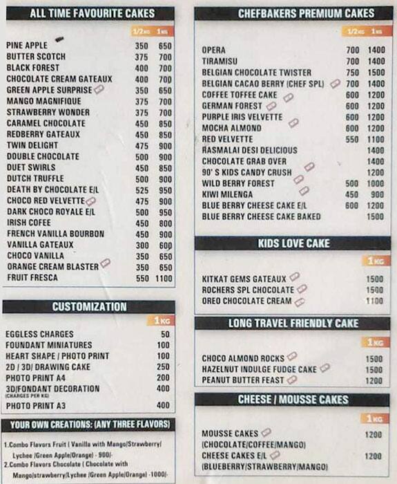 Menu of Chef Bakers, Tarnaka, Hyderabad