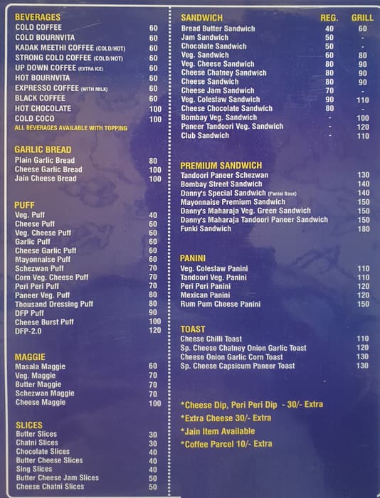 Menu of Danny's Coffee Bar, Infocity, Gandhinagar