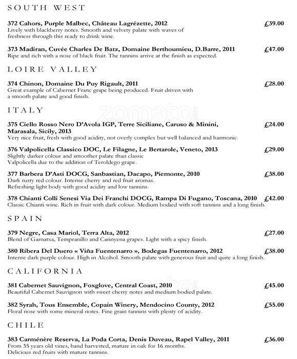 Menu at Flemings Mayfair Hotel pub & bar, London