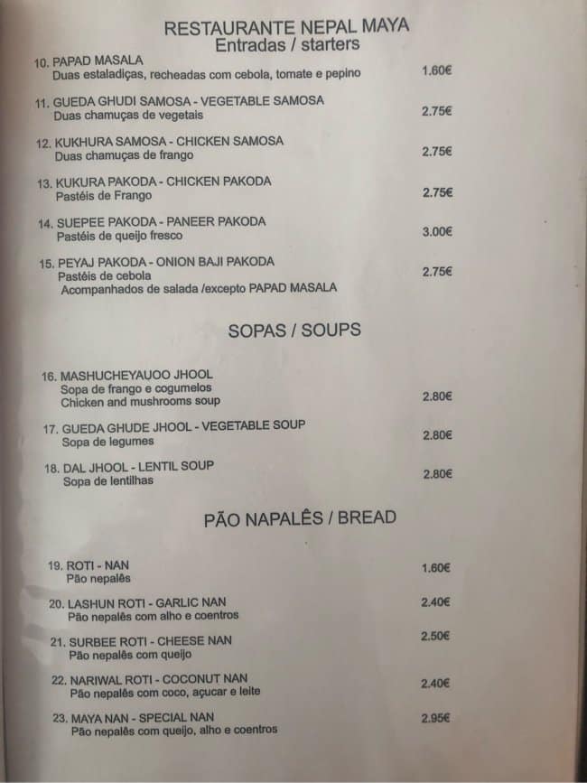 Menu at Nepal Maya restaurant, Lisbon