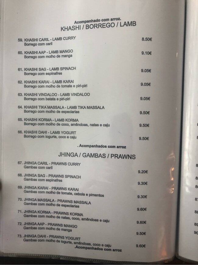 Menu at Nepal Maya restaurant, Lisbon