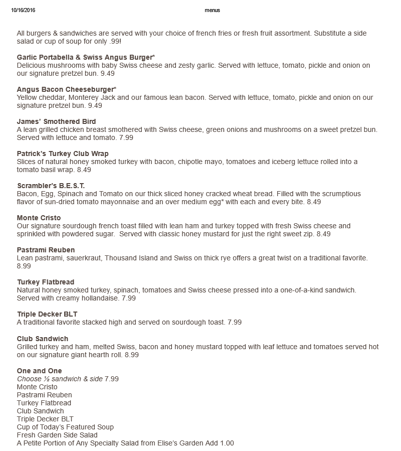 Menu at Scramblers restaurant, Sharonville