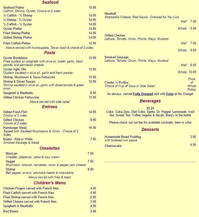 Menu at KY's Olde Towne Bicycle Shop restaurant, Slidell