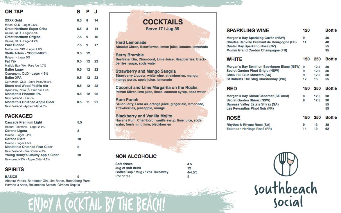 Menu at Southbeach restaurant, Brisbane City