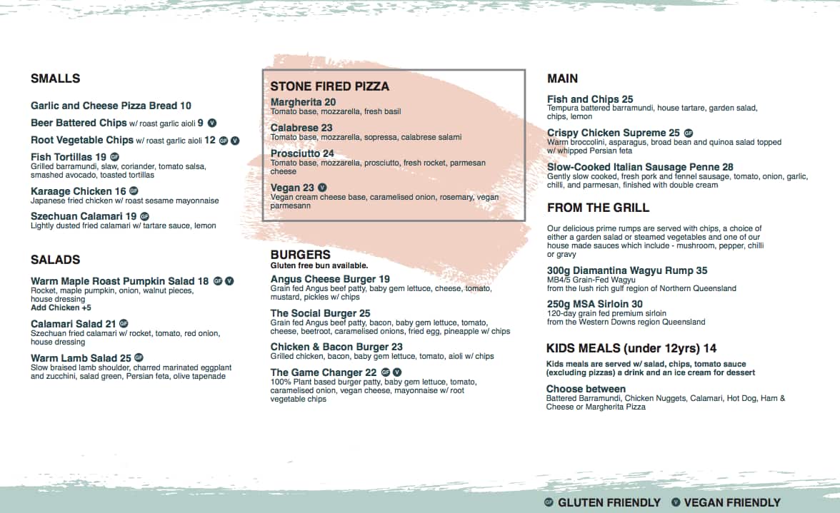 Menu at Southbeach restaurant, Brisbane City