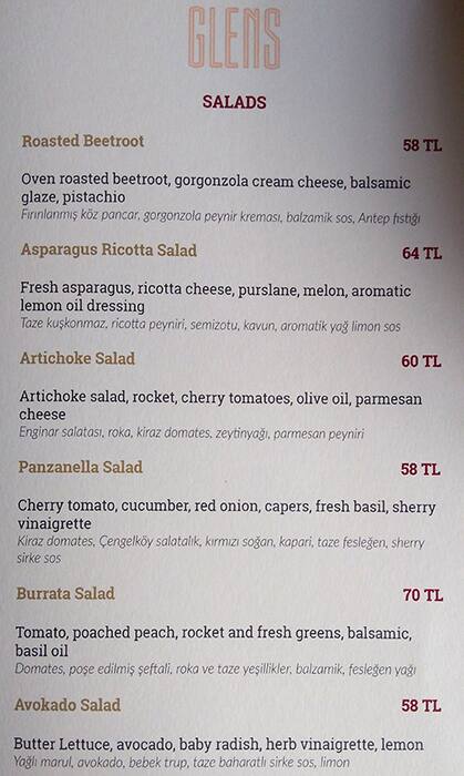 Menu at Glens, Istanbul, Abdi İpekçi Cd. No:12/1