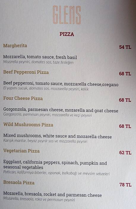 Menu at Glens, Istanbul, Abdi İpekçi Cd. No:12/1