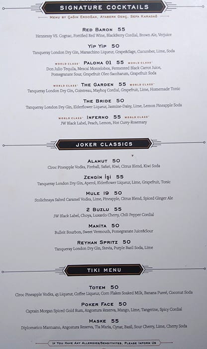 Menu at Joker No:5, Istanbul