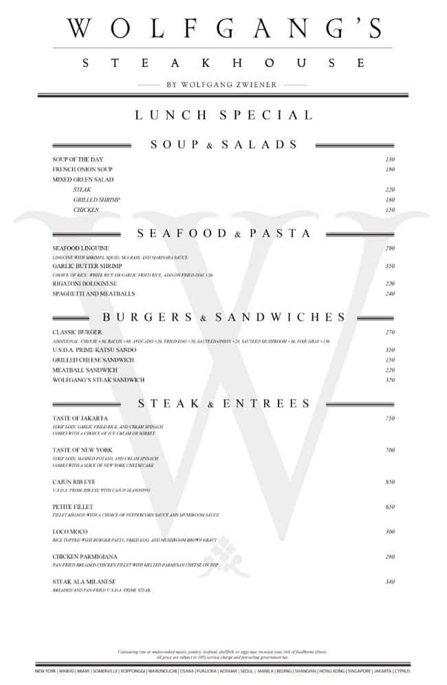 Menu at Wolfgang's Steakhouse, South Jakarta
