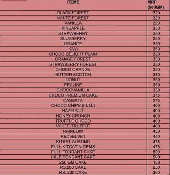 Menu of Wawa Cake Shop & Bakery, Mani Nagar, Ahmedabad