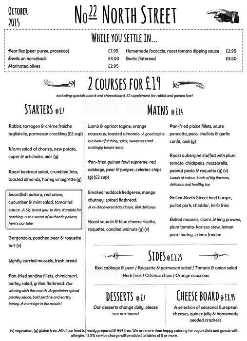 Menu at 22 North Street restaurant, London