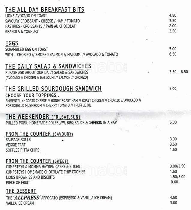 Menu at Lion Coffee + Records Clapton cafe, London