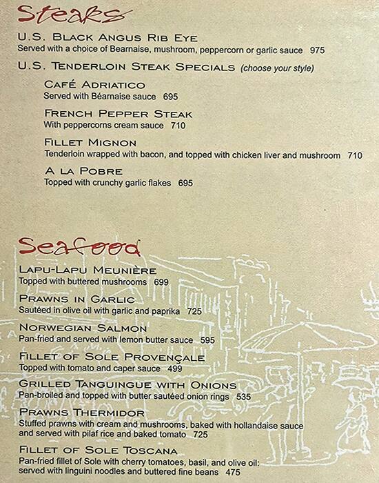 Menu at Adriatico cafe, Pasay