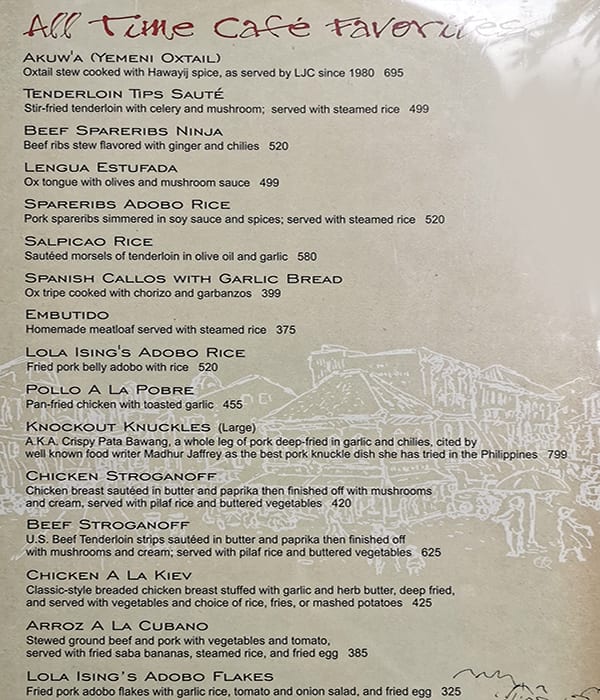 Menu at Adriatico cafe, Pasay