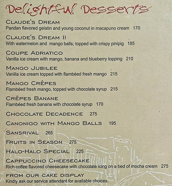 Menu at Adriatico cafe, Pasay