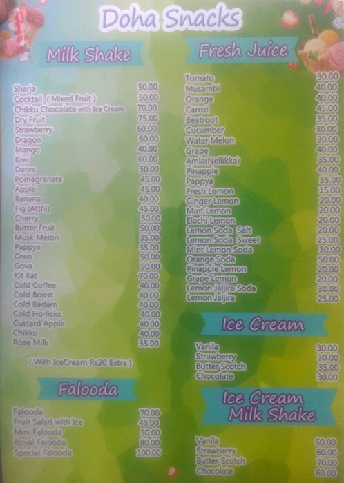 Menu at Doha Snacks, Chennai