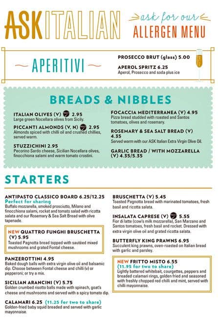 Menu at Ask Italian pizzeria, Manchester