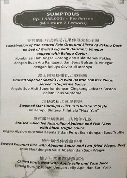 Menu at Taste Paradise restaurant, Jakarta, Plaza Indonesia South Gate