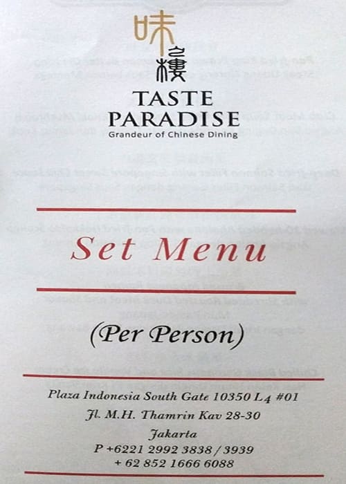 Menu at Taste Paradise restaurant, Jakarta, Plaza Indonesia South Gate