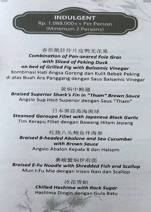 Menu at Taste Paradise restaurant, Jakarta, Plaza Indonesia South Gate
