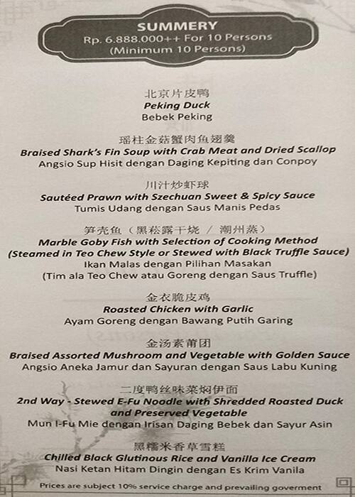 Menu at Taste Paradise restaurant, Jakarta, Plaza Indonesia South Gate