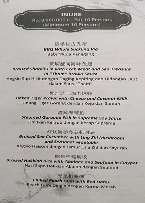 Menu at Taste Paradise restaurant, Jakarta, Plaza Indonesia South Gate