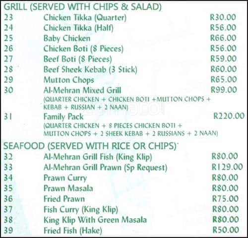 Menu at Al-Mehran restaurant, Durban