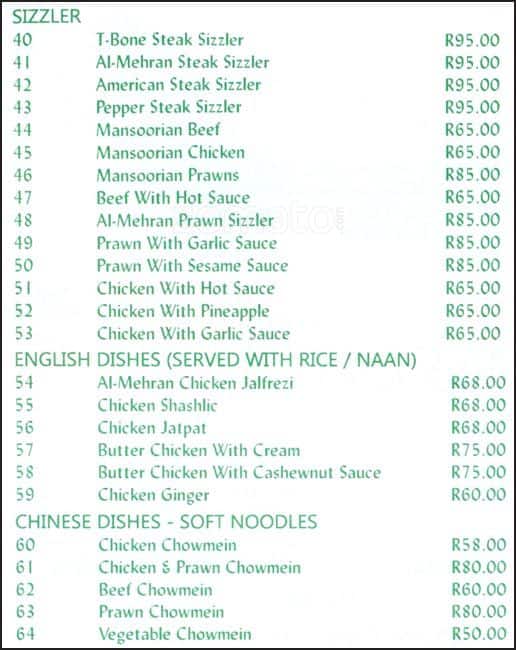 Menu at Al-Mehran restaurant, Durban