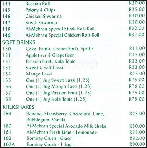 Menu at Al-Mehran restaurant, Durban
