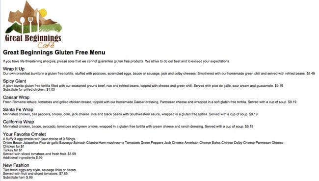 Menu at Great Beginnings cafe, Lone Tree