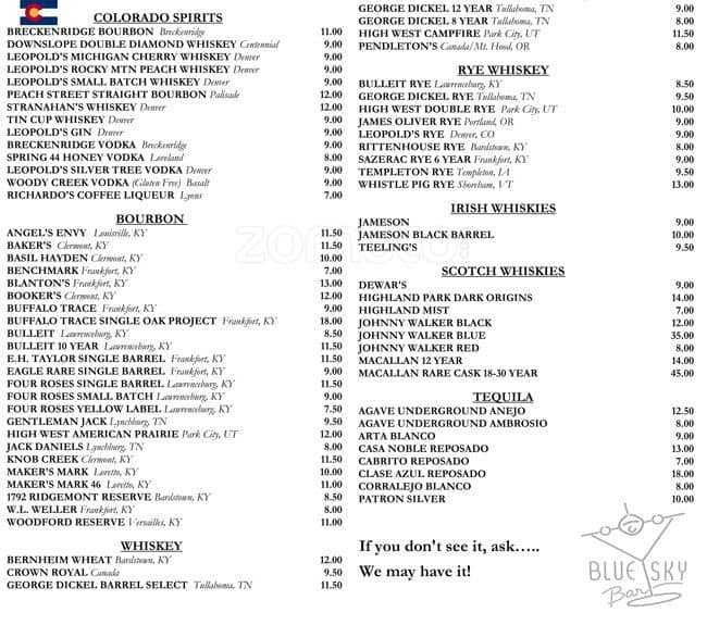 Blue Sky Bar Menü, Blue Sky Bar, Denver International Airport, Denver ...