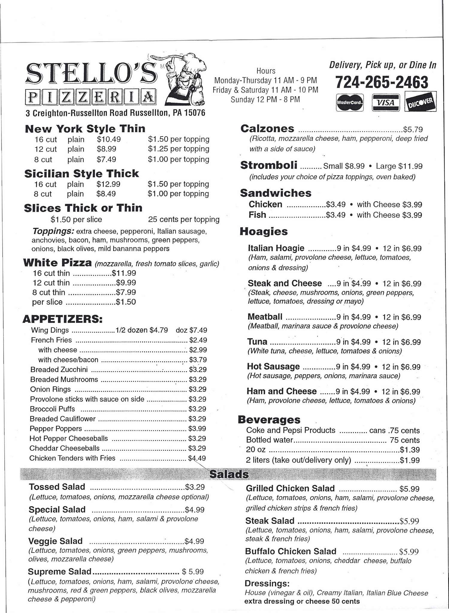 Menu at Stello's Pizzeria, Russellton