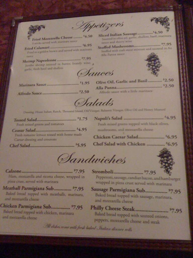 Menu at Napoli's Italian Restaurant, Rogers, W Walnut St #5