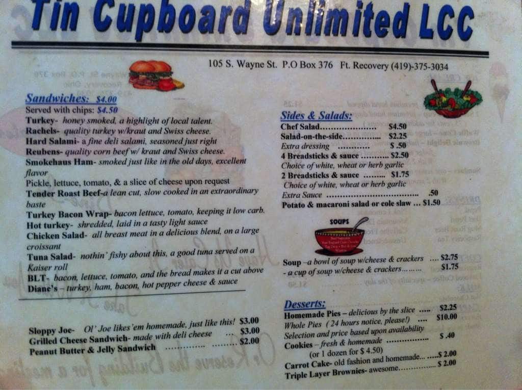 Menu at Tin Cupboard, Fort Recovery