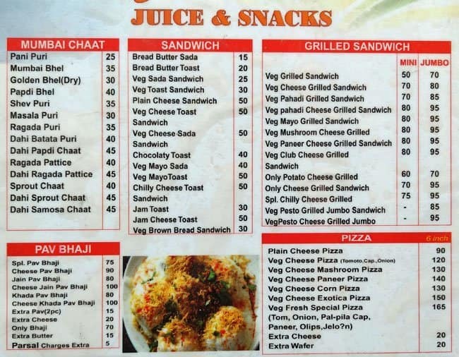 Menu at Fresh Juice and Snacks Center, Mumbai