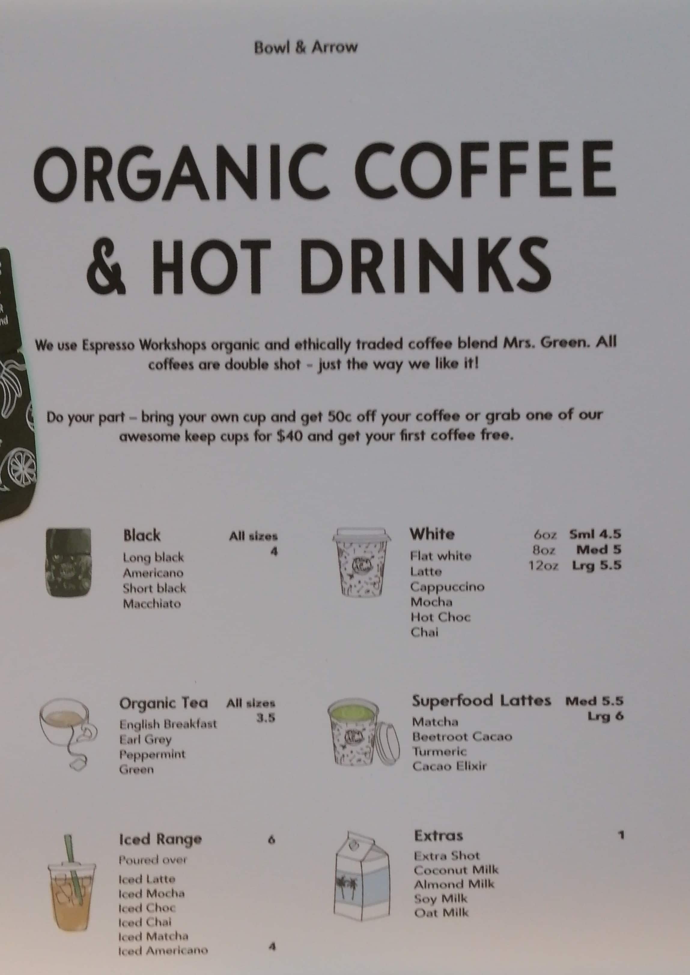 Menu at Bowl & Arrow cafe, Auckland, Queen St