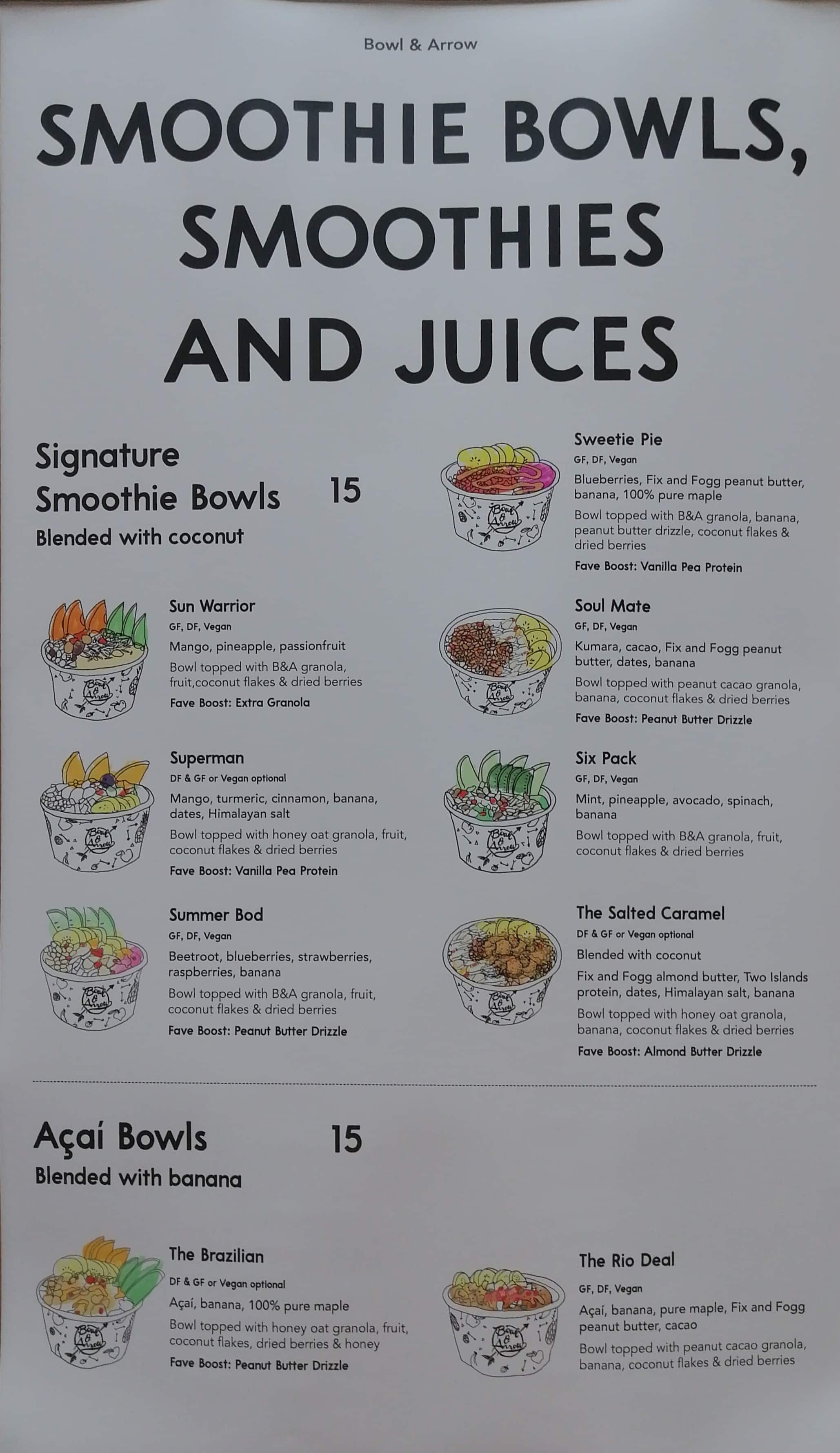 Menu at Bowl & Arrow cafe, Auckland, Queen St
