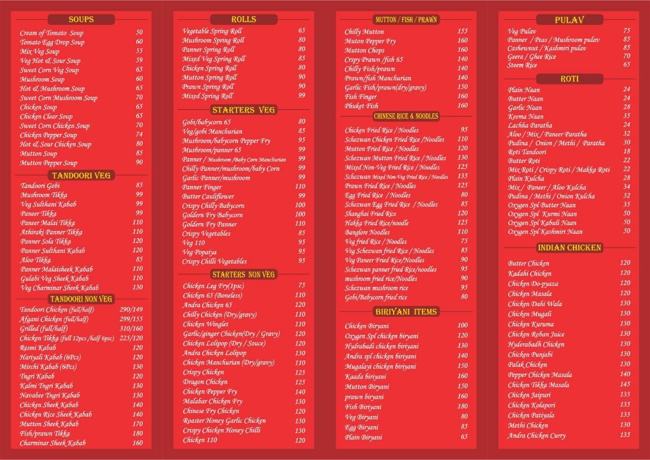 Oxygen Menu, Menu for Oxygen, Potheri, Chennai - Zomato