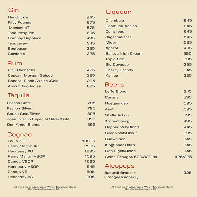 Menu at Marquis - Radisson Blu, Bengaluru