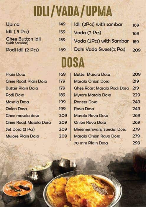Menu of Bheemeshwara - A South Indian Delicacy, Karol Bagh, New Delhi