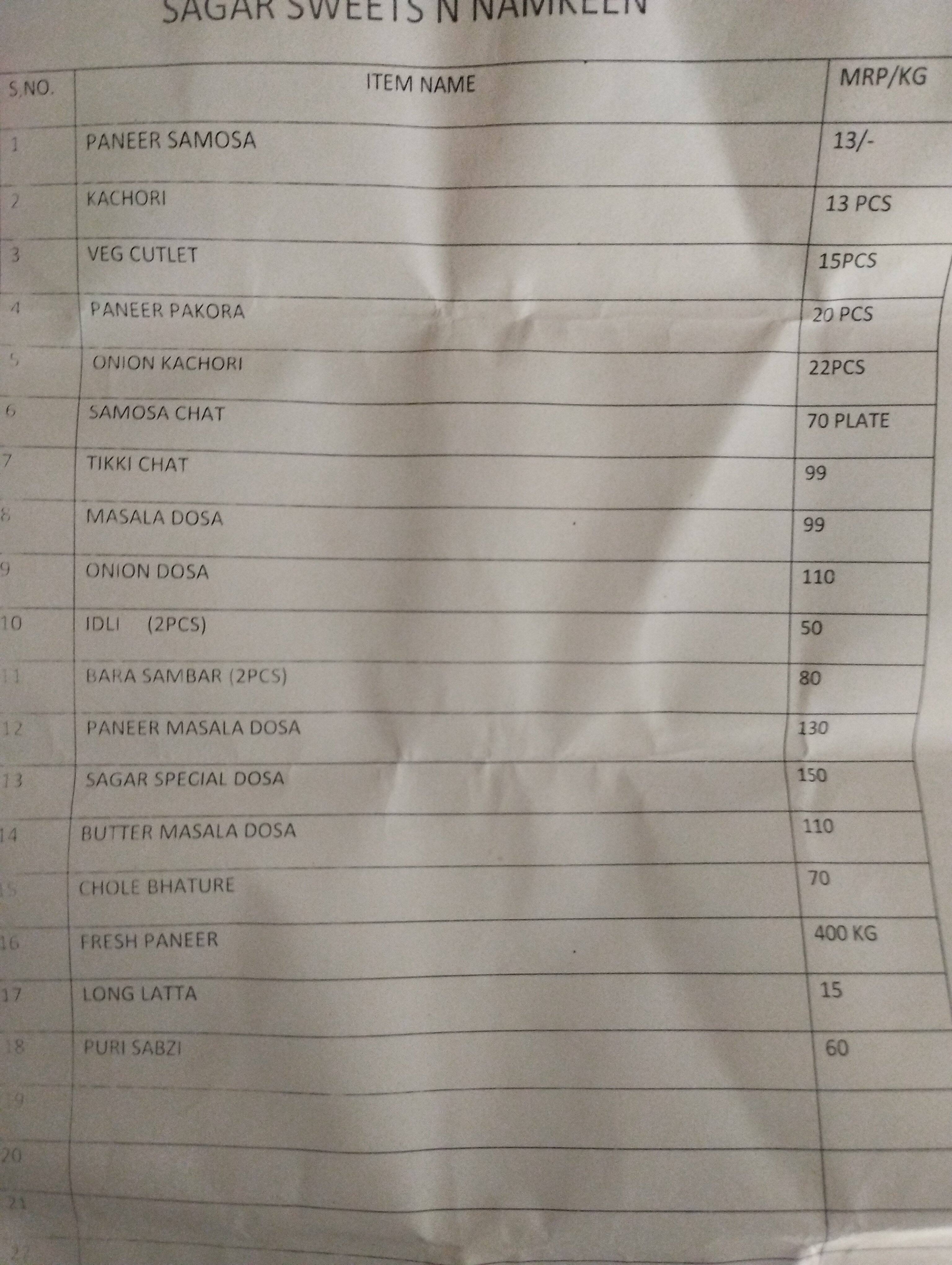 Menu of Sagar Sweets & Namkeen, Rukanpura, Patna