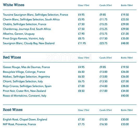 Menu at The Corner restaurant, London, Selfridges & Co