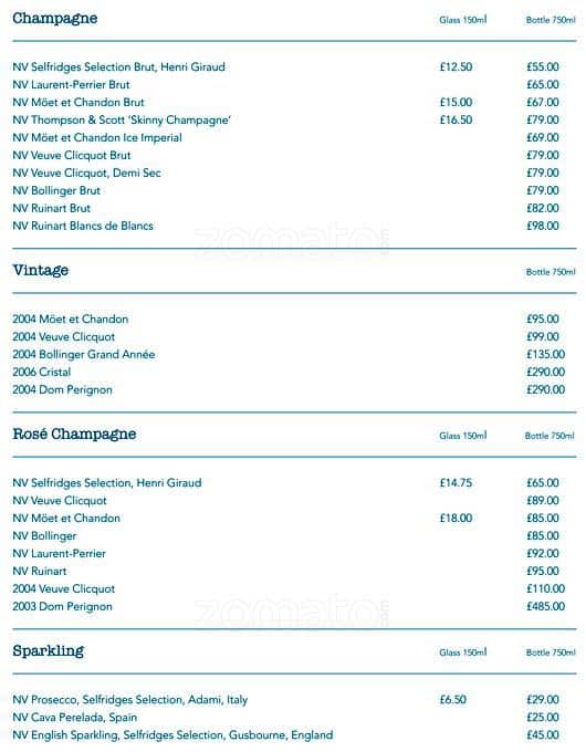 Menu at The Corner restaurant, London, Selfridges & Co