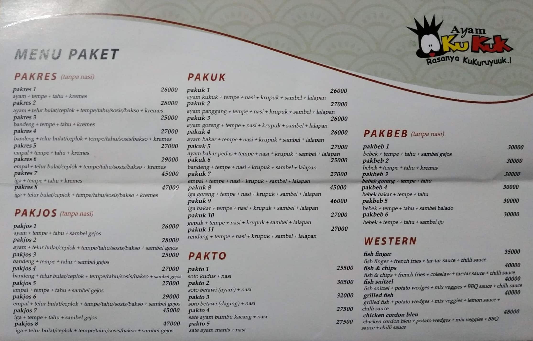 Menu at Ayam KuKuk restaurant, Jakarta, Taman Palem Lestari A37 no.31